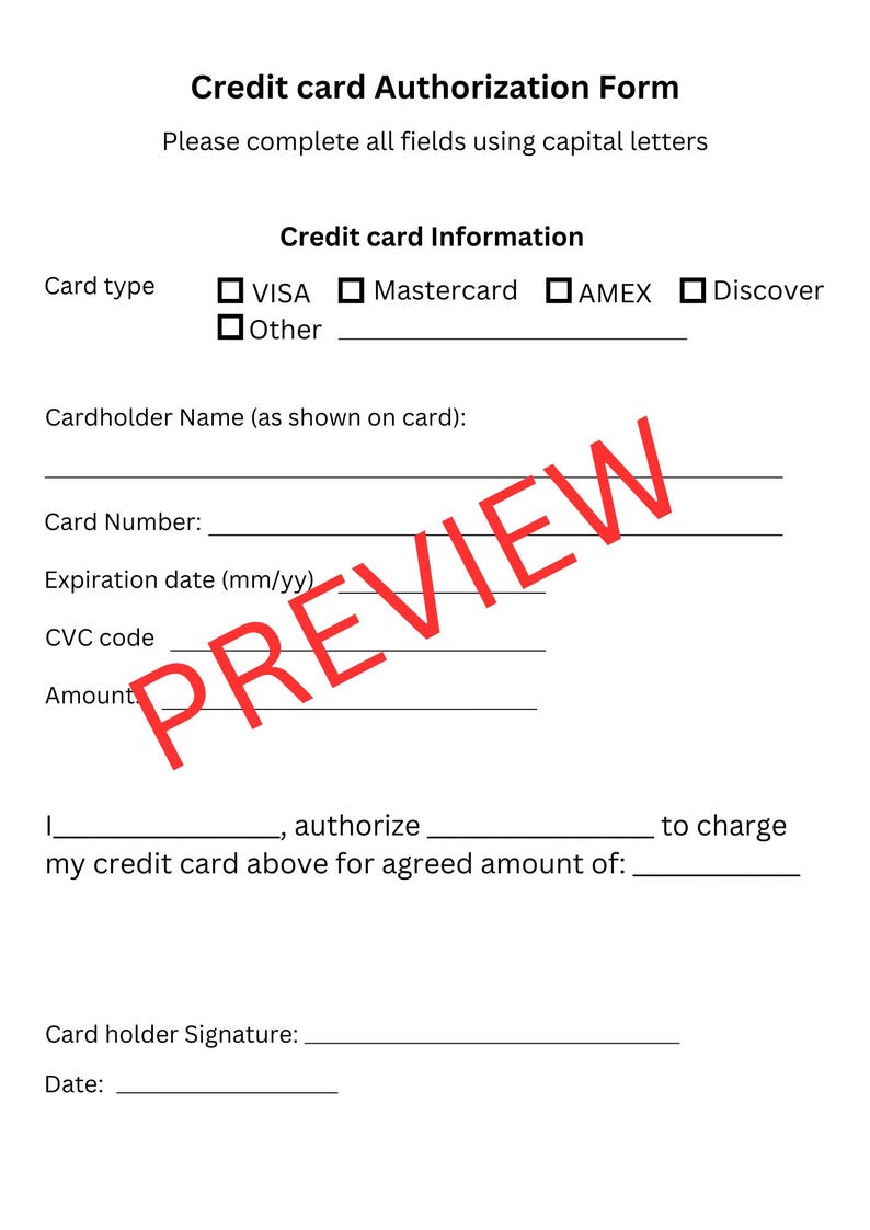 Credit Card Authorization Form Simple - Etsy