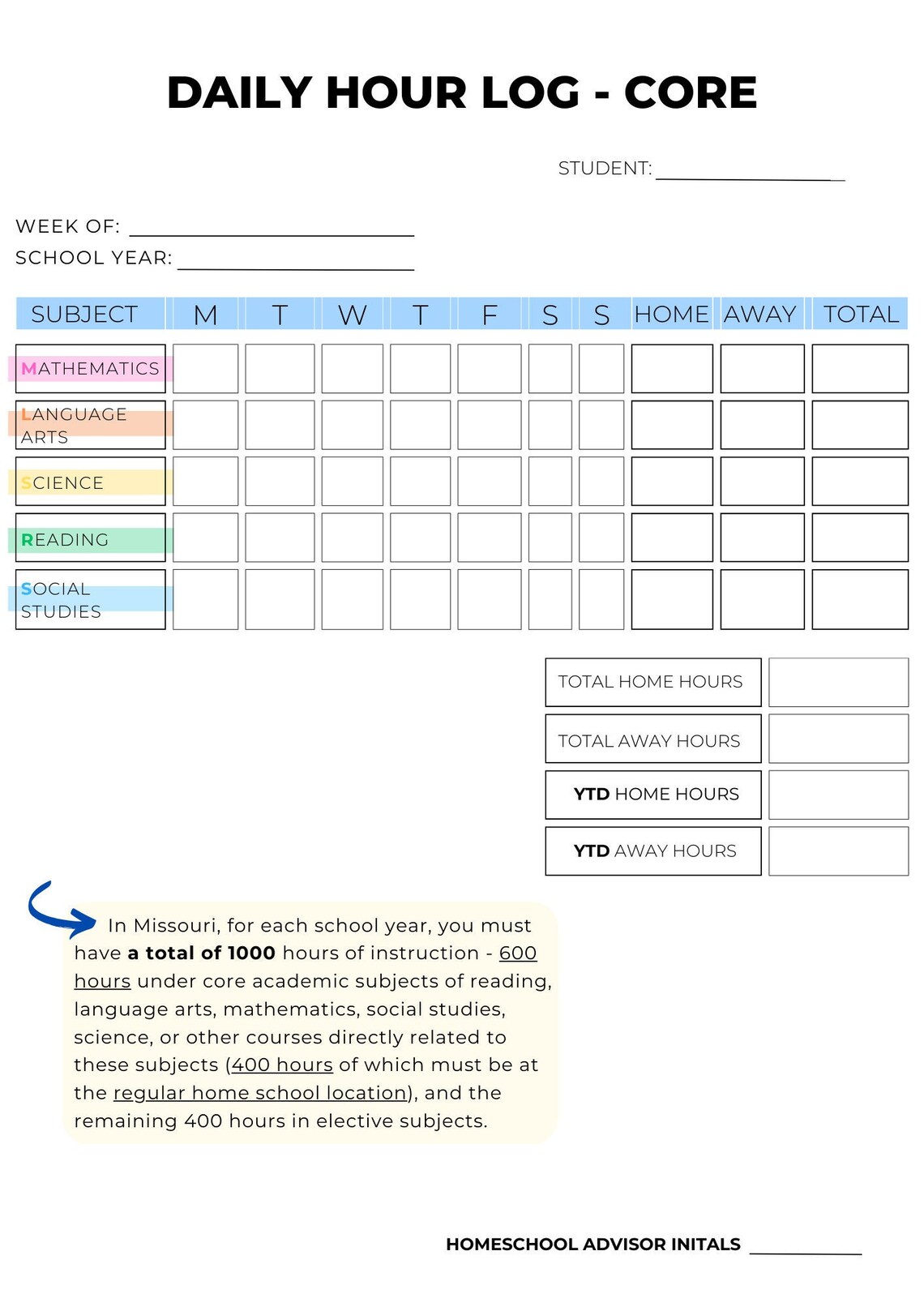 MO Homeschool Hour Log Sheet - Etsy