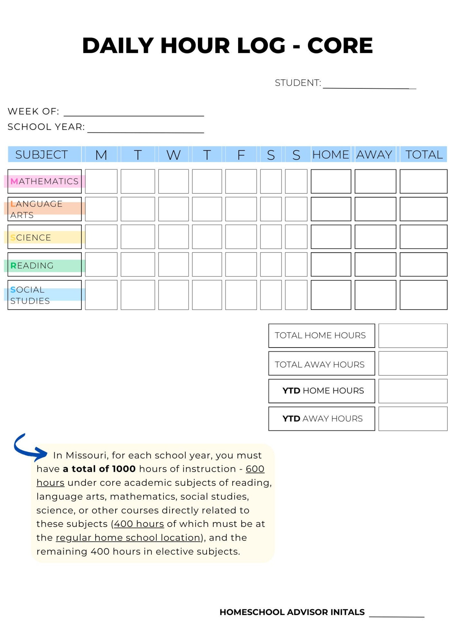 MO Homeschool Hour Log Sheet - Etsy