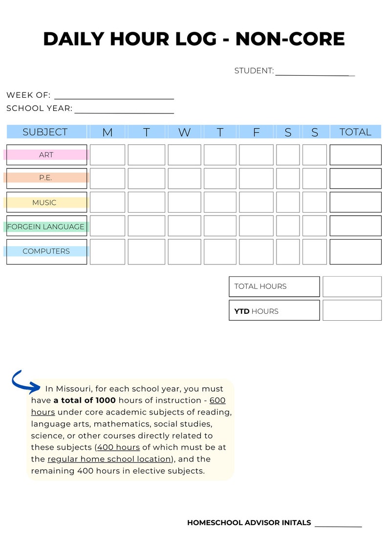 MO Homeschool Hour Log Sheet - Etsy