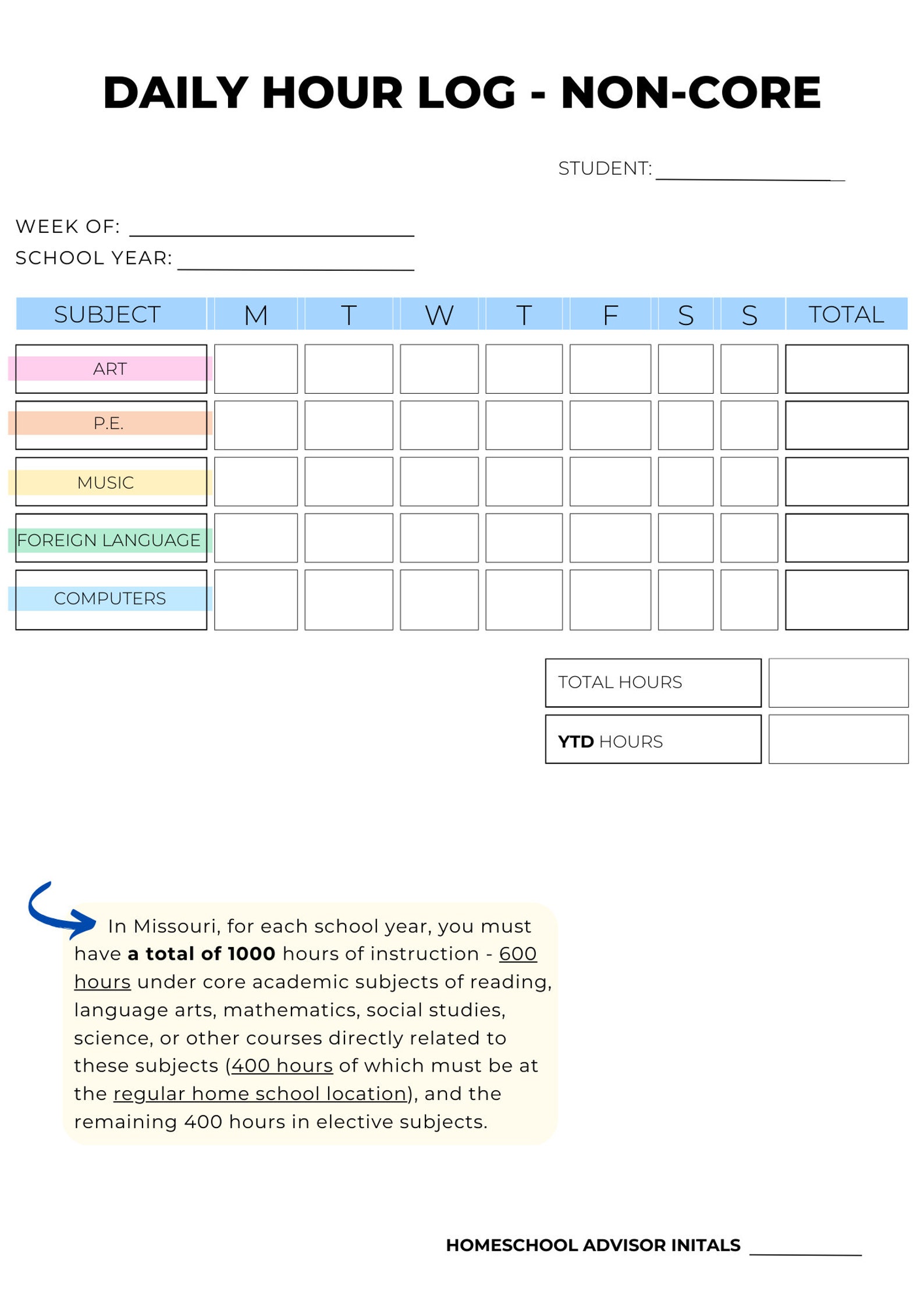 MO Homeschool Hour Log Sheet - Etsy