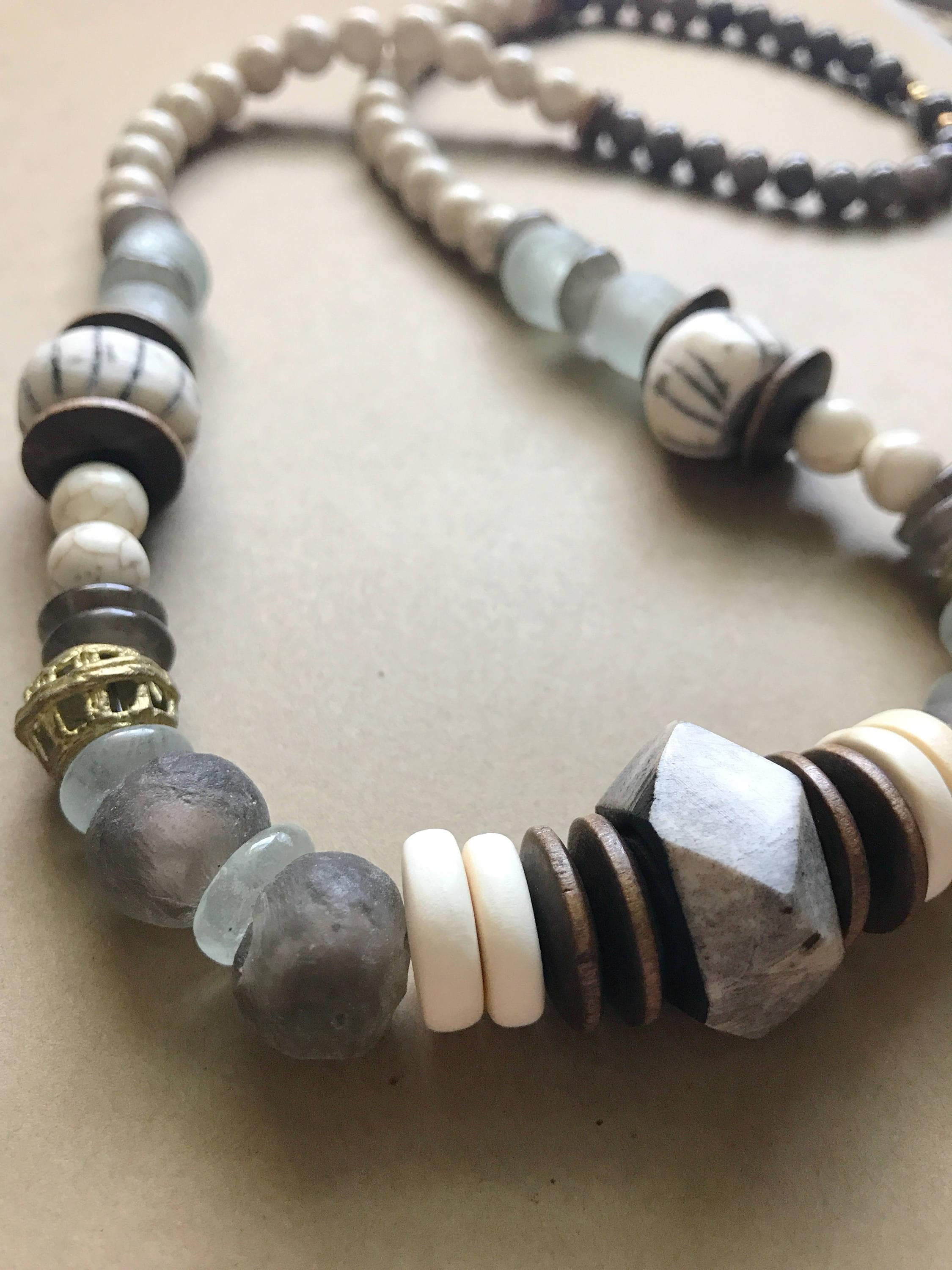 Bone and Wood Beaded Necklace. Short Layering bead Necklace. | Etsy
