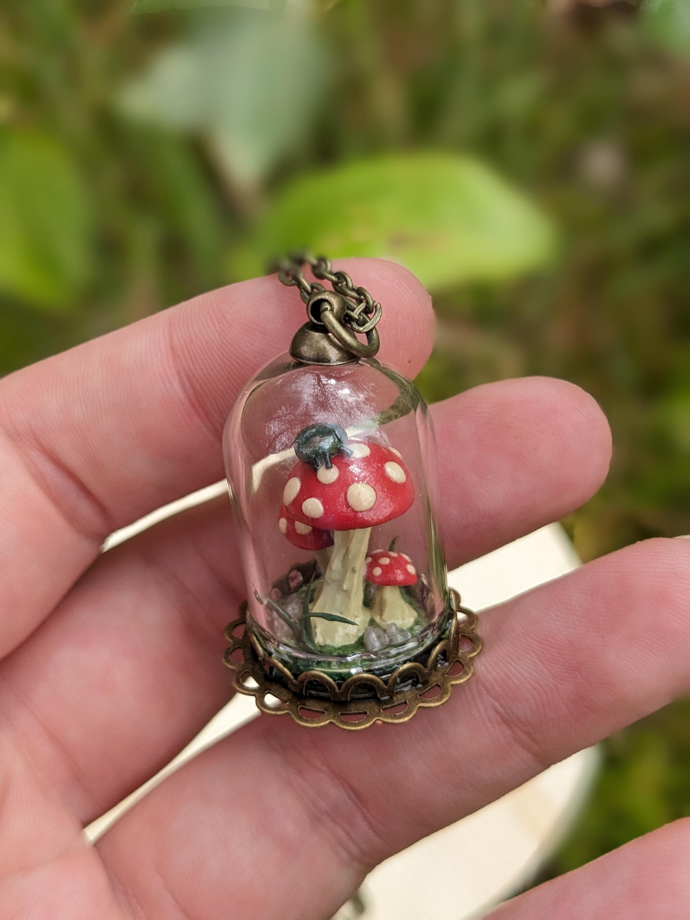 Beetle on a Mushroom Glass Specimen Dome Necklace, Polymer Clay Realistic Terrarium Pendant ...