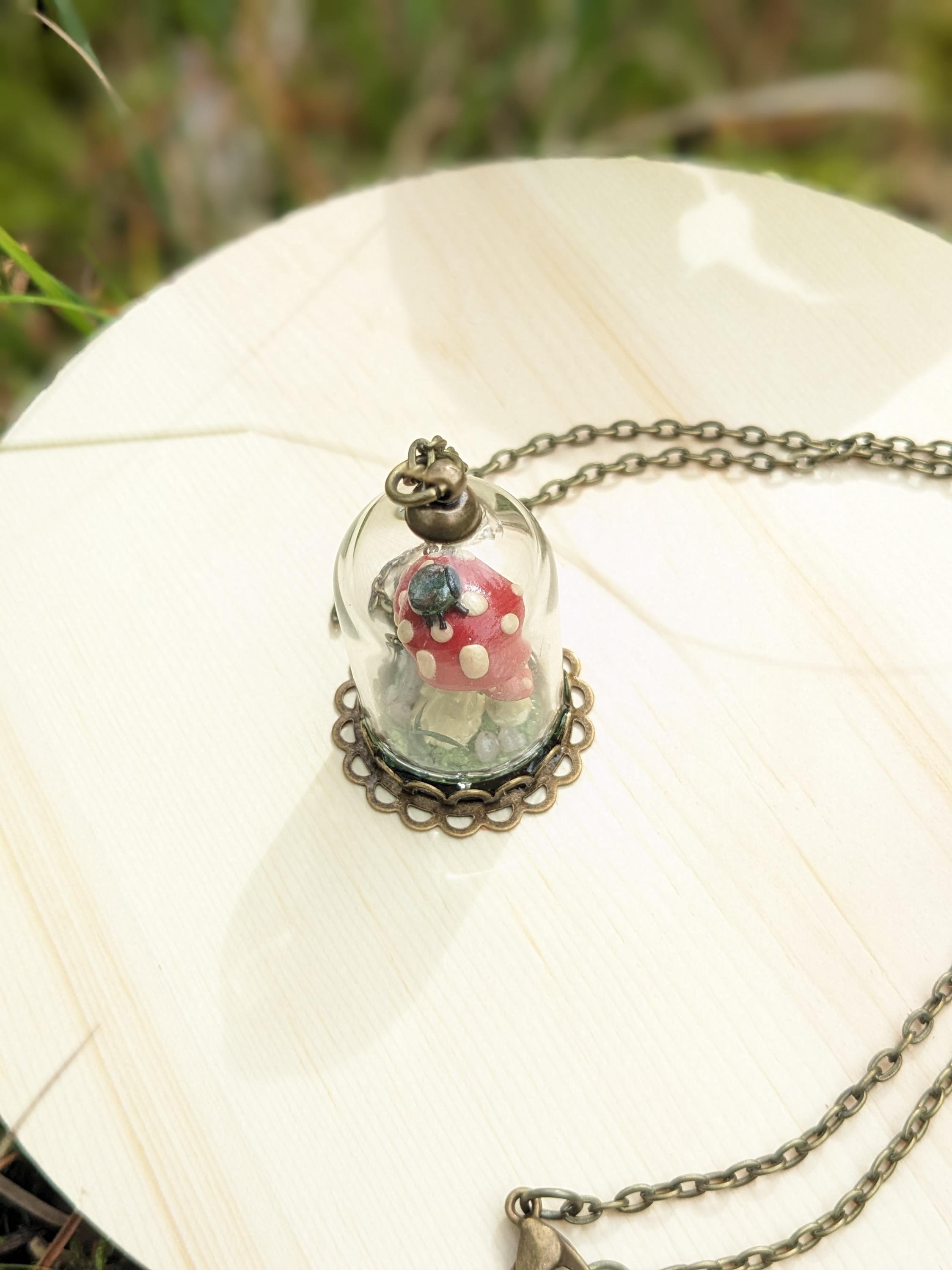 Beetle on a Mushroom Glass Specimen Dome Necklace, Polymer Clay Realistic Terrarium Pendant ...