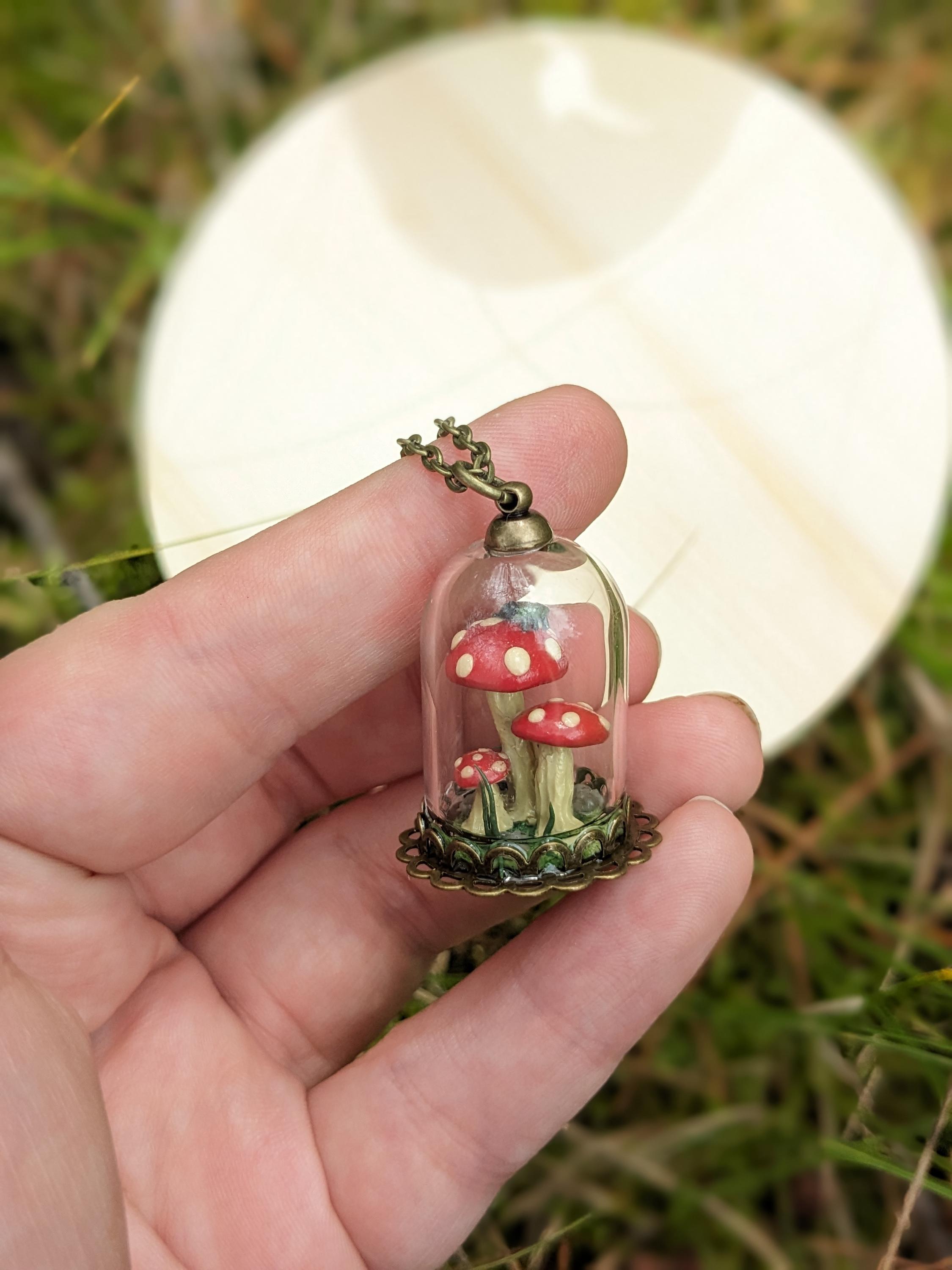 Beetle on a Mushroom Glass Specimen Dome Necklace, Polymer Clay ...