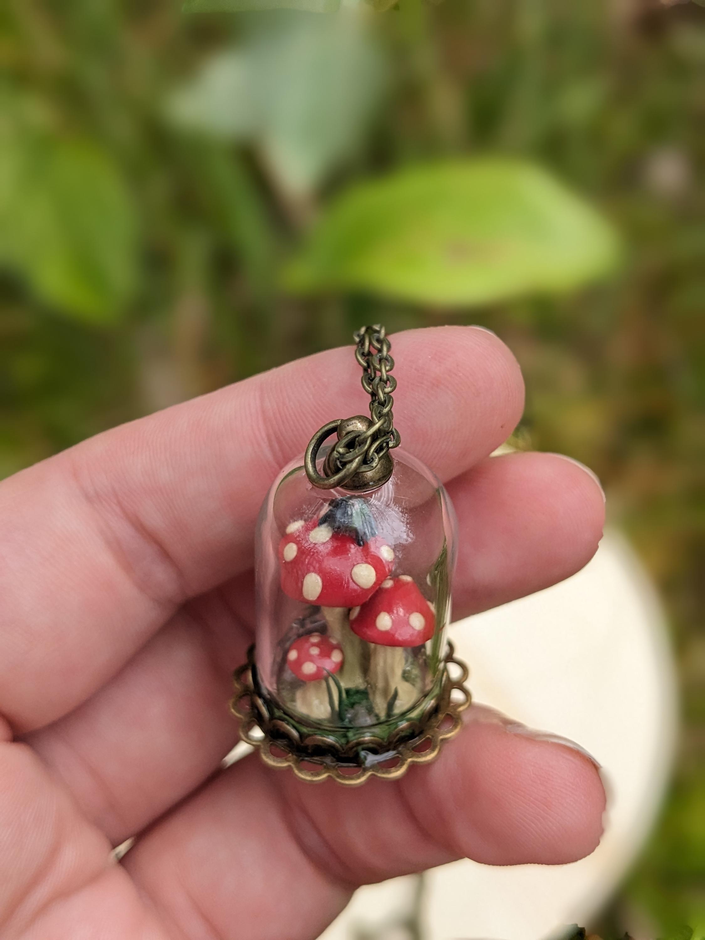 Beetle on a Mushroom Glass Specimen Dome Necklace, Polymer Clay Realistic Terrarium Pendant ...