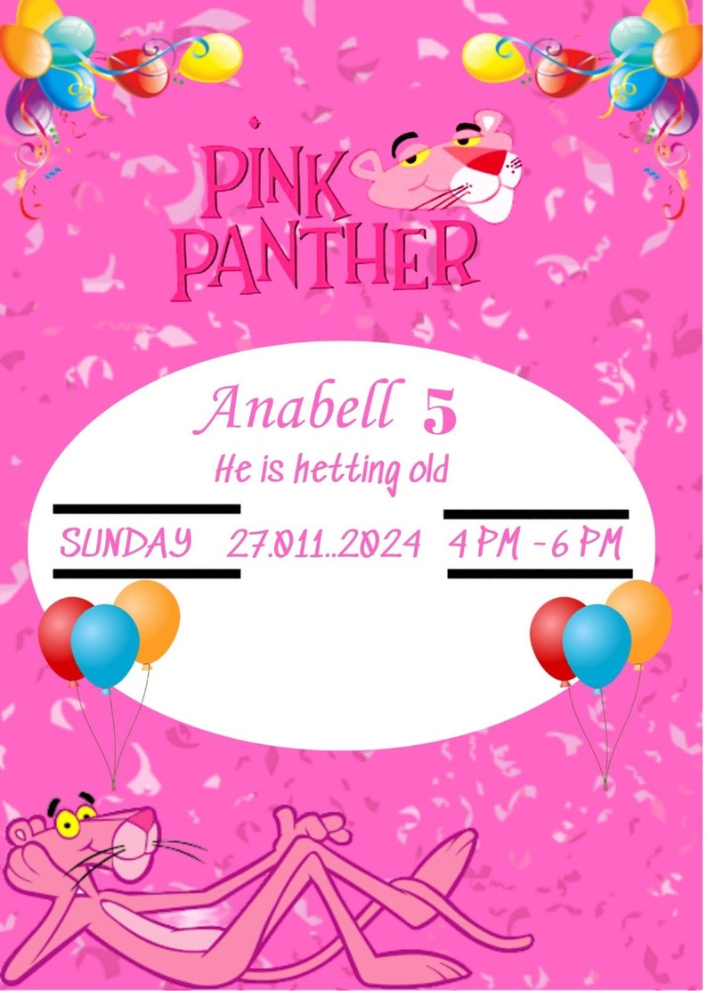 PINK PANTHER Digital Birthday Invitation , Kids Birthday Invitation ...