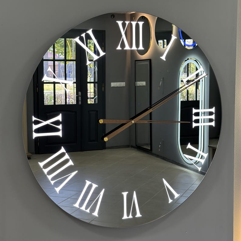 Extra Large Mirror Wall Clock Illuminated Mirror Clock Roman Numerals ...
