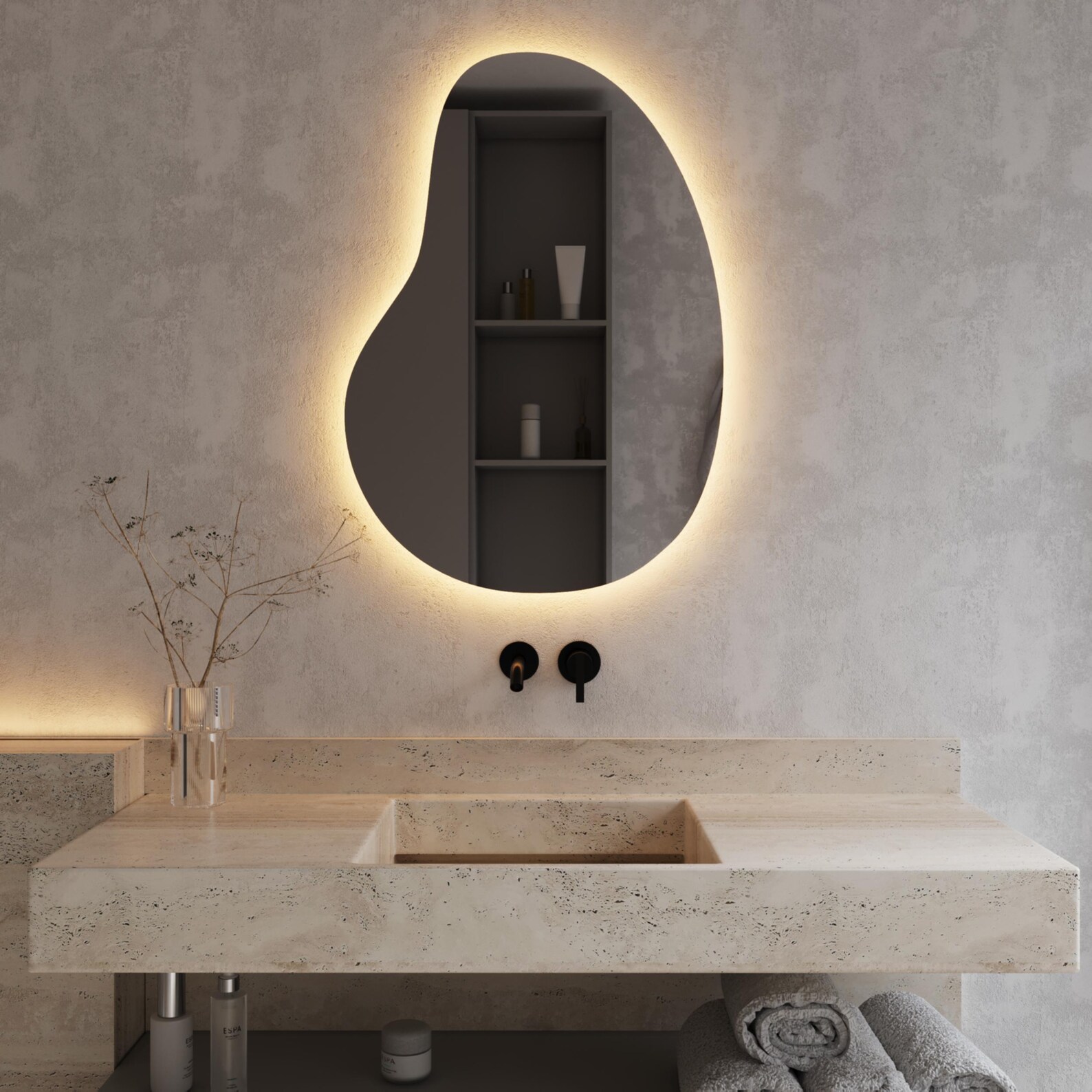 Irregular Wall Mirror, Modern LED Backlit Mirror, Unique Shape Vanity ...
