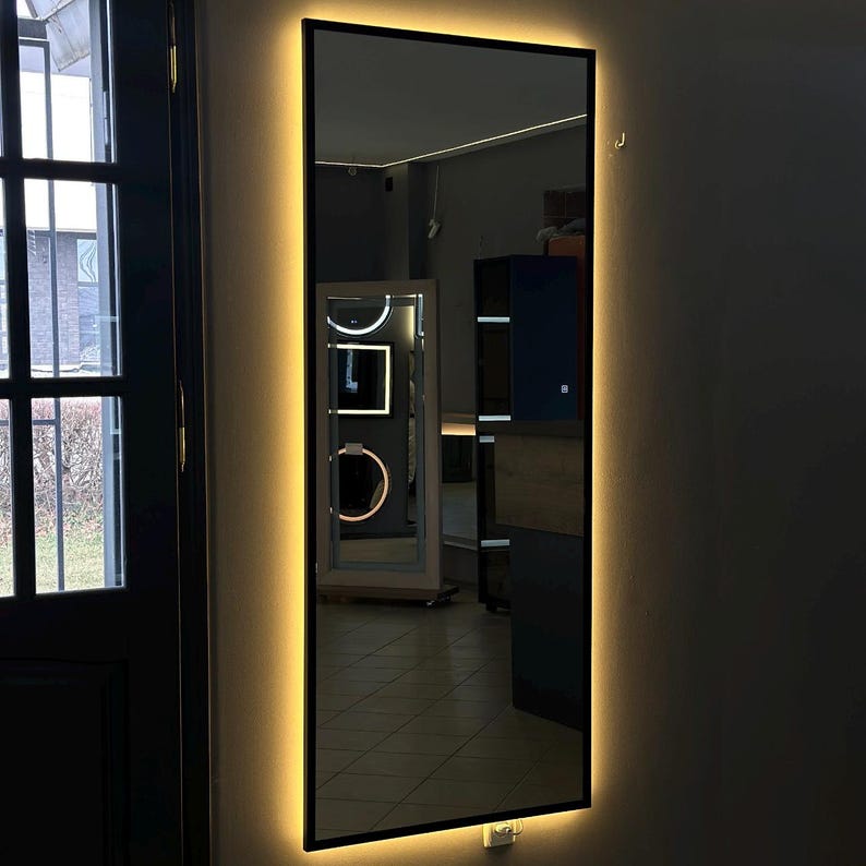Full Length LED Mirror, Black Aluminum Frame, Backlit Vanity Mirror for ...