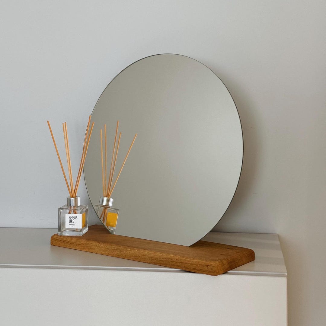 Round Mirror With Wooden Stand, Stylish Tabletop Accent for Home Decor ...