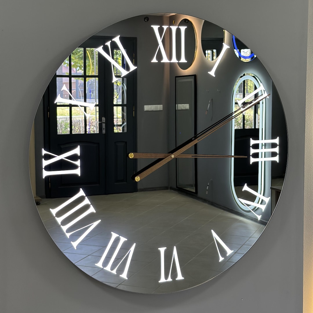 Extra Large Mirror Wall Clock Illuminated Mirror Clock Roman Numerals ...