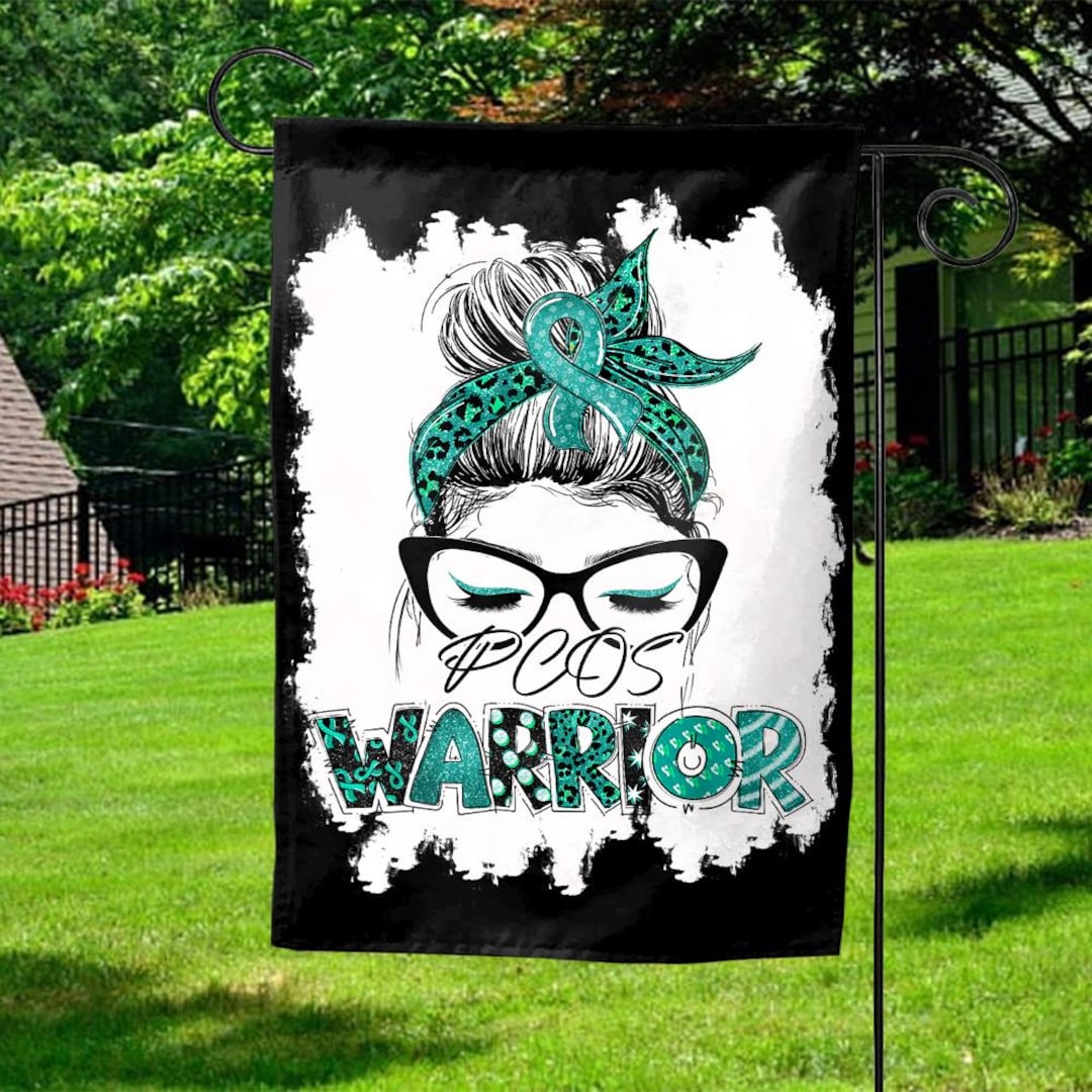 Messy Bun Hair PCOS Warrior Teal Ribbon Garden Flag, PCOS Support ...