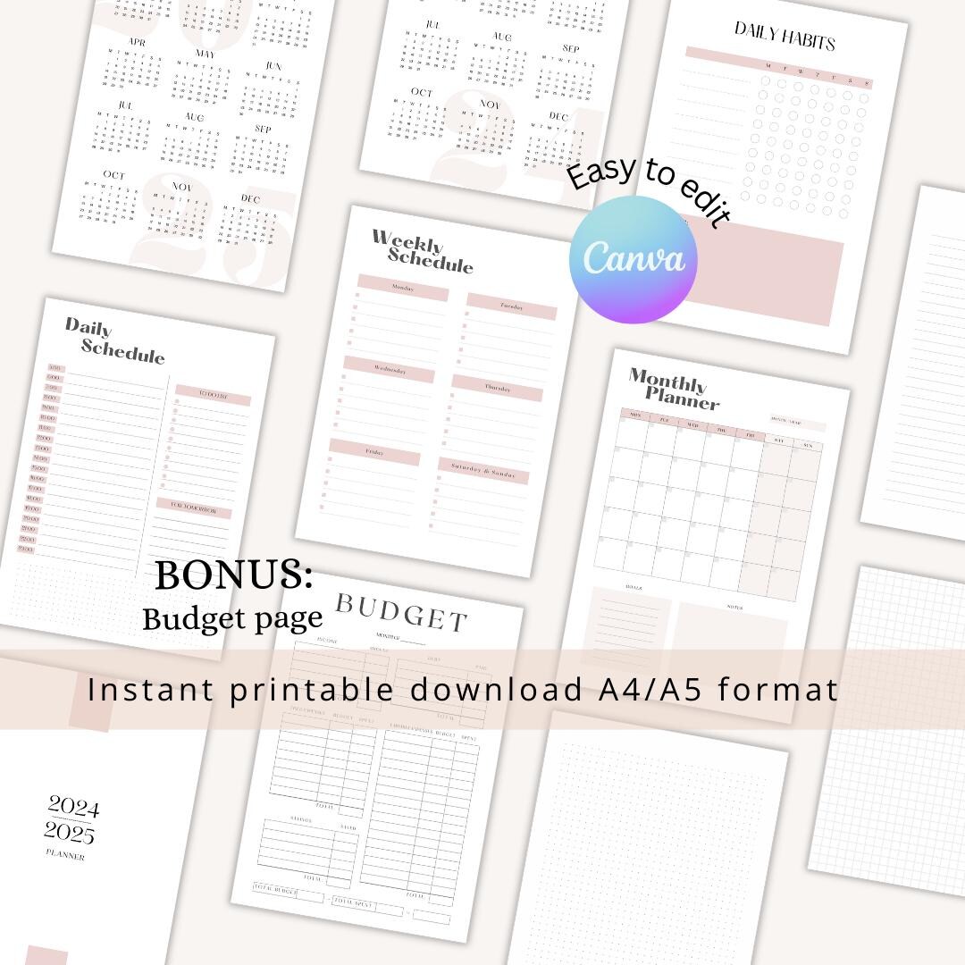 Printable Monthly Planner | 2024-2025 Calendar | Editable Daily ...