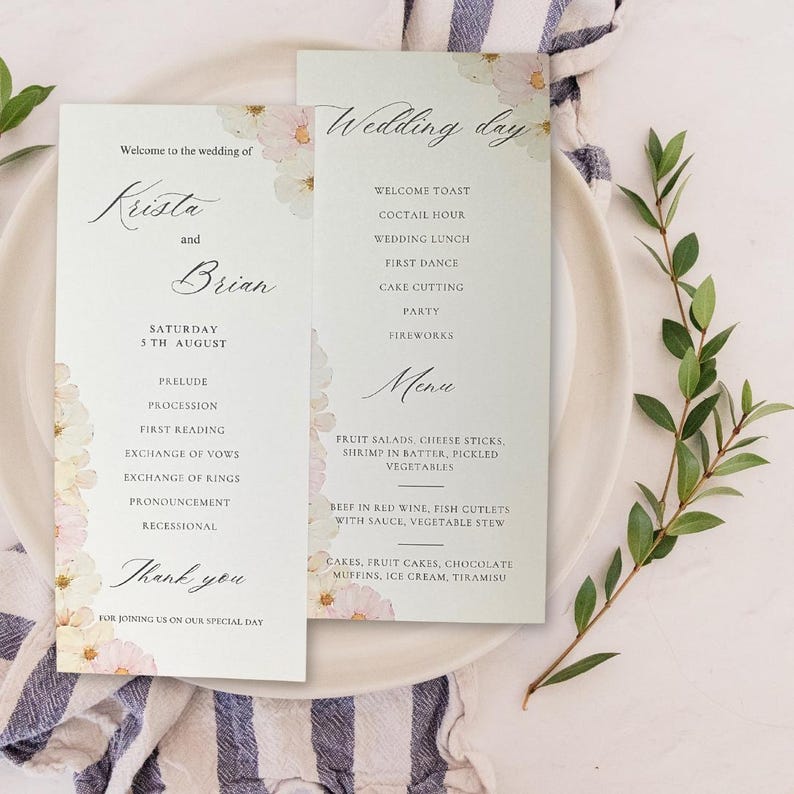 Editable Two-sided Menu and Program Template With Elegant Floral Design ...
