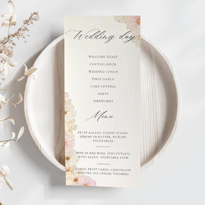 Editable Two-sided Menu and Program Template With Elegant Floral Design ...