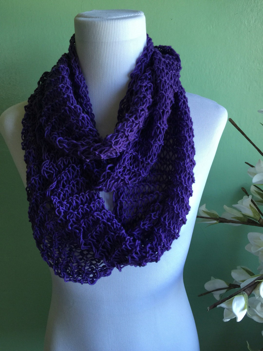 Hand Knit Infinity Scarf Merino Wool Blend Light and Lacy Summer Scarf ...