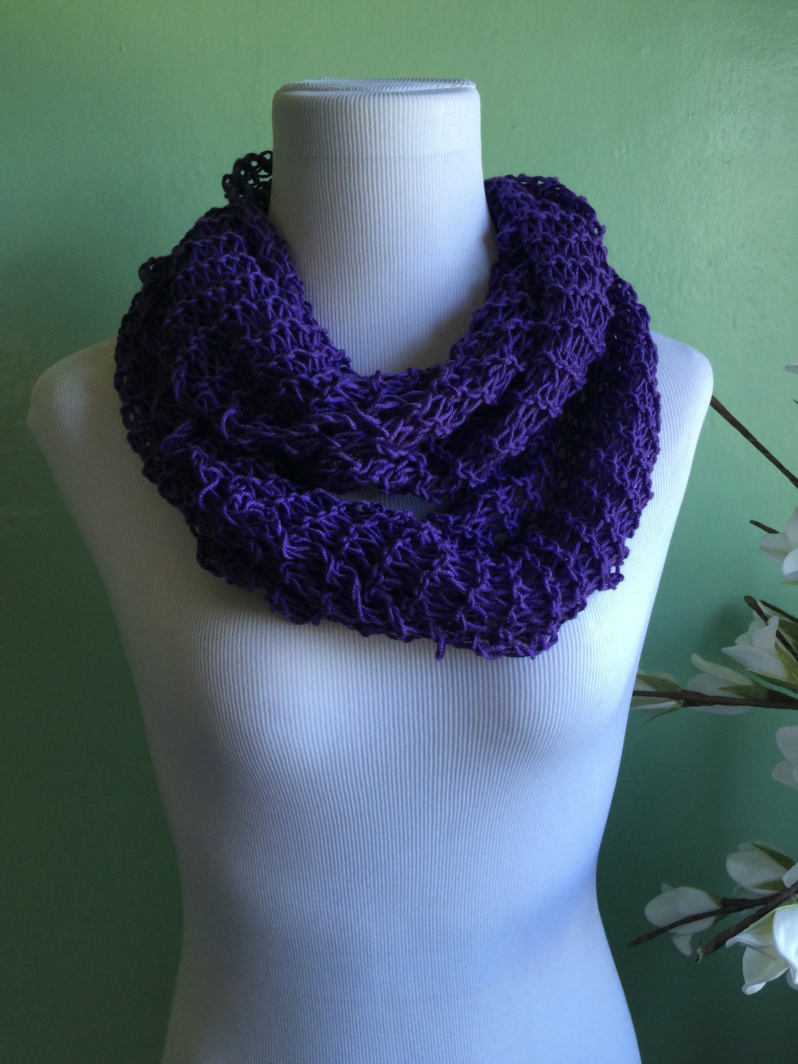 Hand Knit Infinity Scarf Merino Wool Blend Light and Lacy Summer Scarf ...