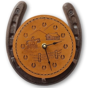 Leather Horseshoe Clock With a Ranch Scene of Cowboy or Cowgirl on a ...