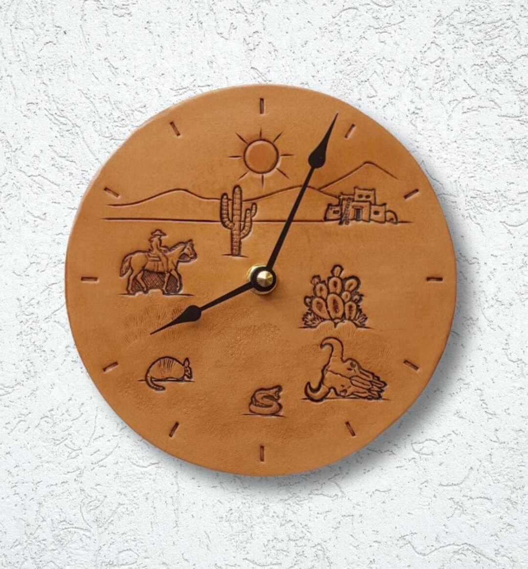Leather Wall Clock With Desert Scene Tooled Into Leather Showing the ...