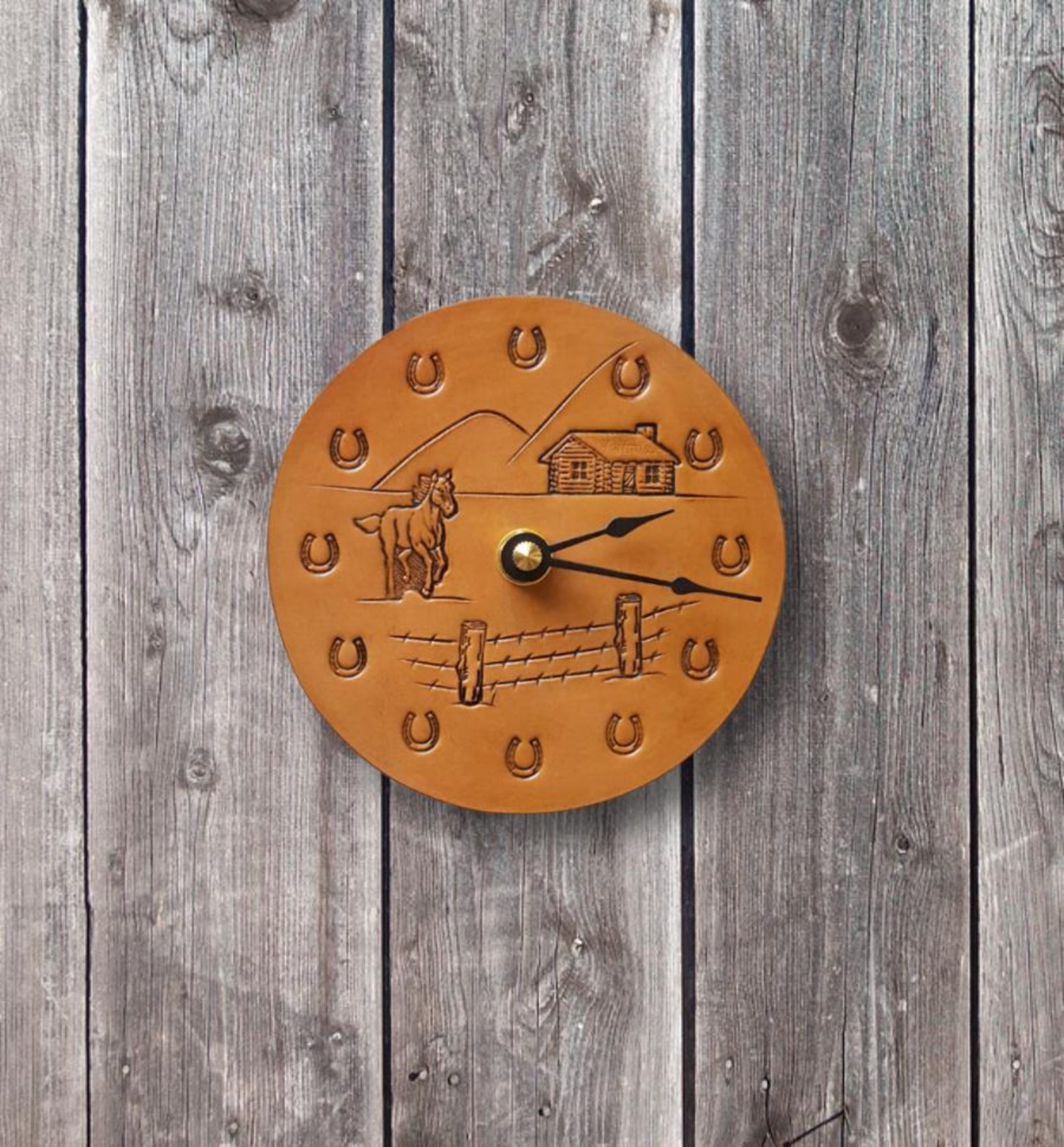 Leather Clock With a Ranch Scene Tooled Into the Leather, Showing a ...