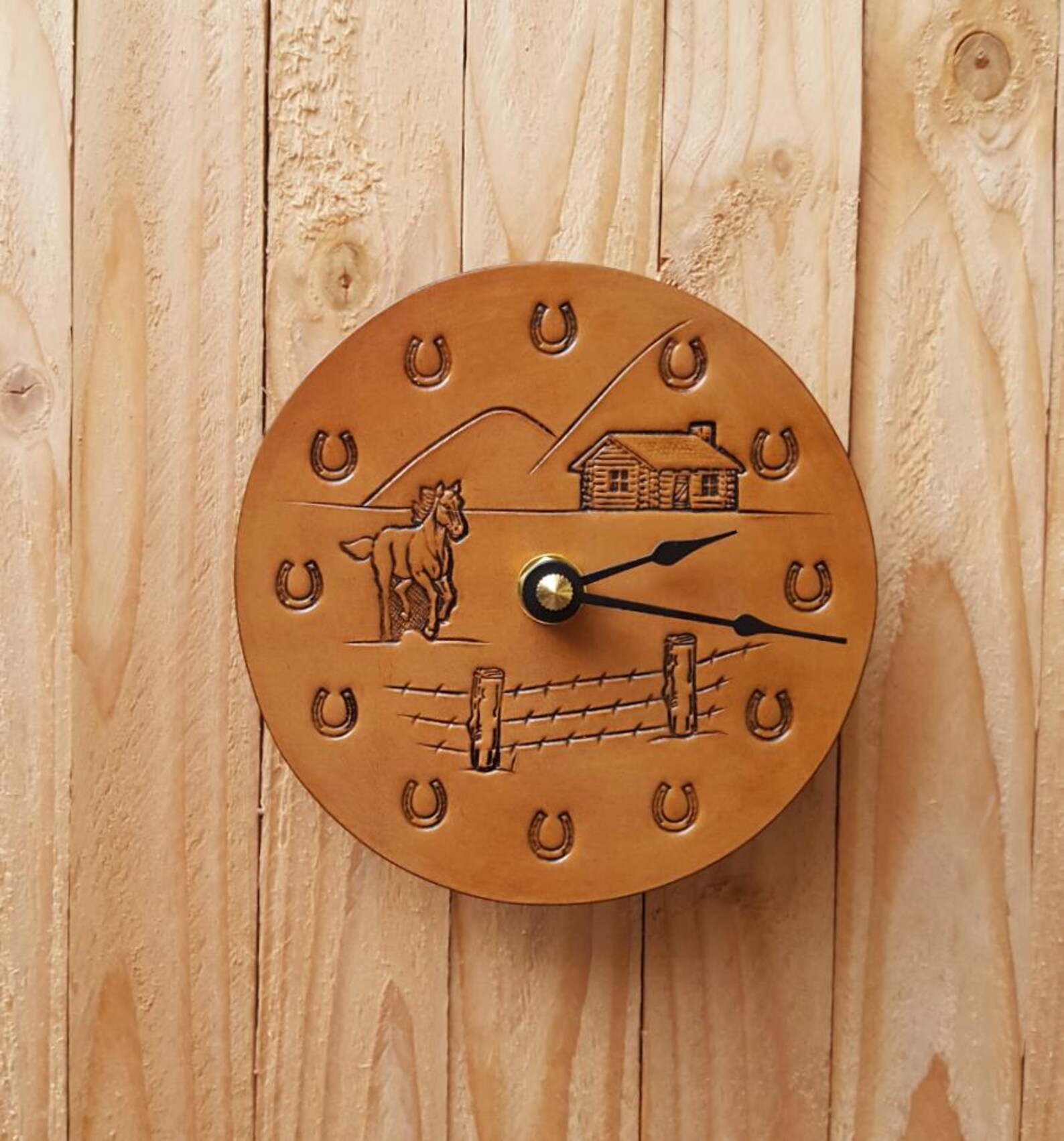 Leather Clock With a Ranch Scene Tooled Into the Leather, Showing a ...
