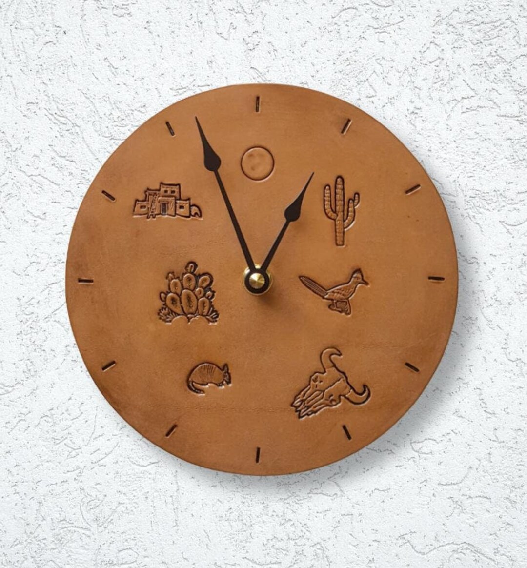 Leather Wall Clock With a Desert Scene Tooled Into Leather Showing the ...