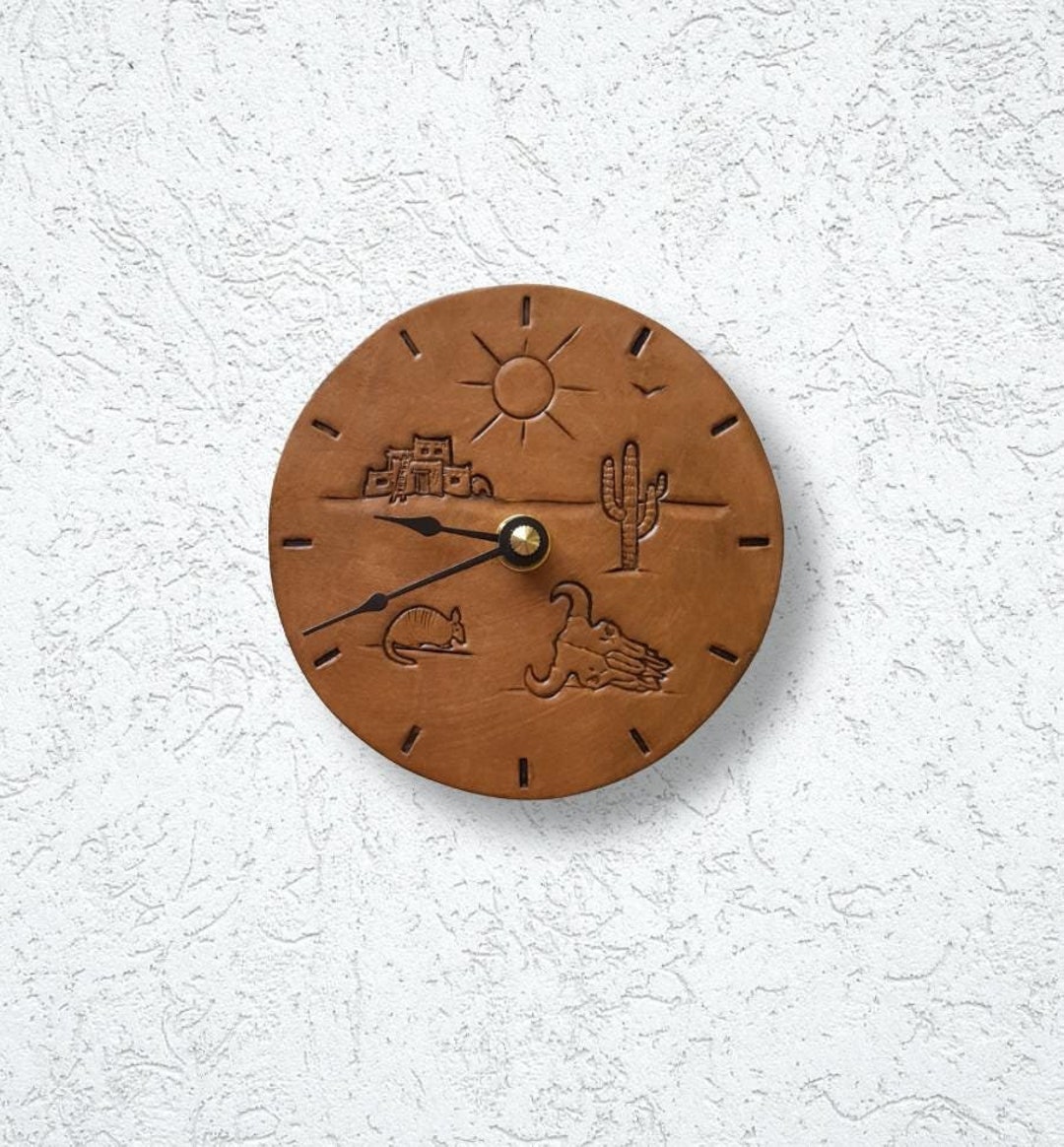 Leather Wall Clock With a Desert Scene Tooled Into the Leather Showing ...