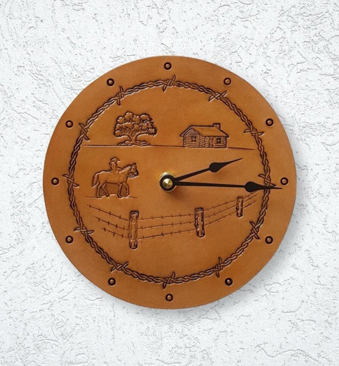 Leather Wall Clock With a Ranch Scene of a Cowboy or Cowgirl on a Horse ...