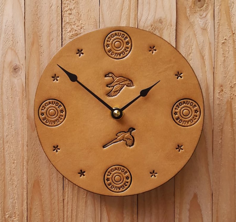 Leather Wall Clock With 12 Gauge Shotgun Shells Stamped Into the ...