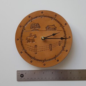 Leather Wall Clock With a Ranch Scene of a Cowboy or Cowgirl on a Horse ...