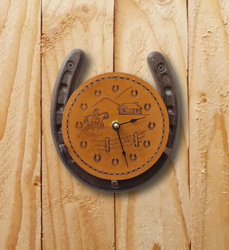 Leather Horseshoe Clock With a Ranch Scene of Cowboy or Cowgirl on a ...