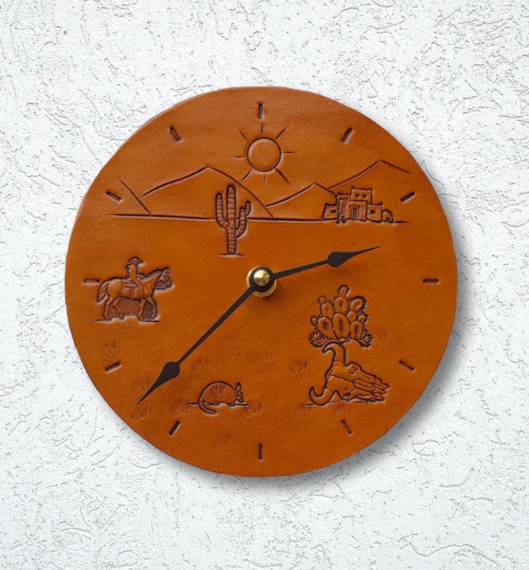 Leather Wall Clock With a Desert Scene Tooled Into the Leather Showing ...