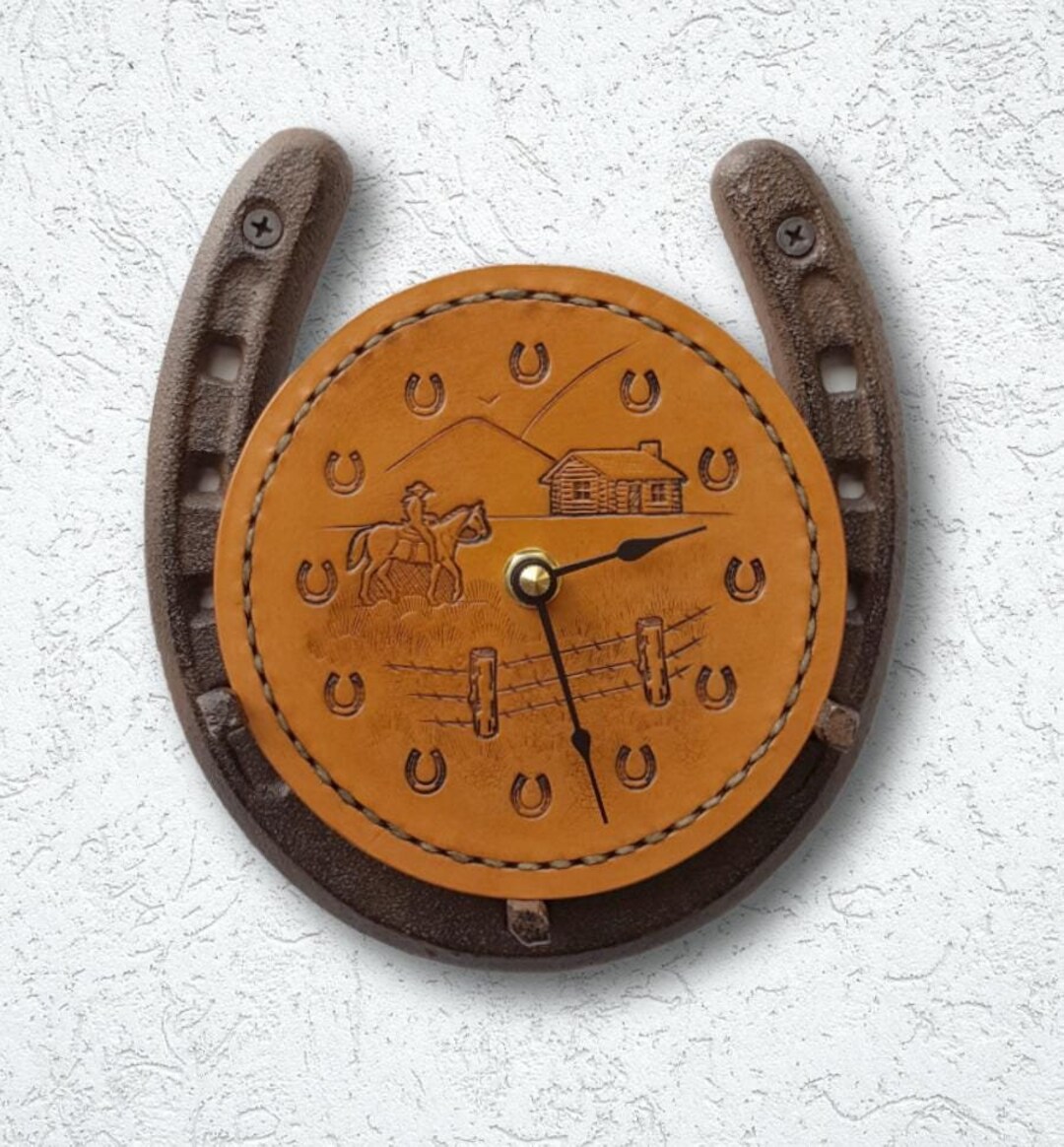 Leather Horseshoe Clock With a Ranch Scene of Cowboy or Cowgirl on a ...
