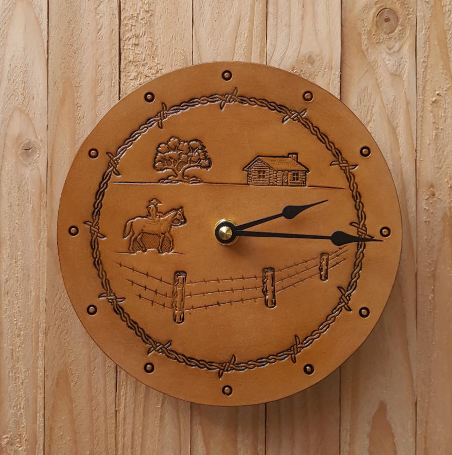Leather Wall Clock With a Ranch Scene of a Cowboy or Cowgirl on a Horse ...