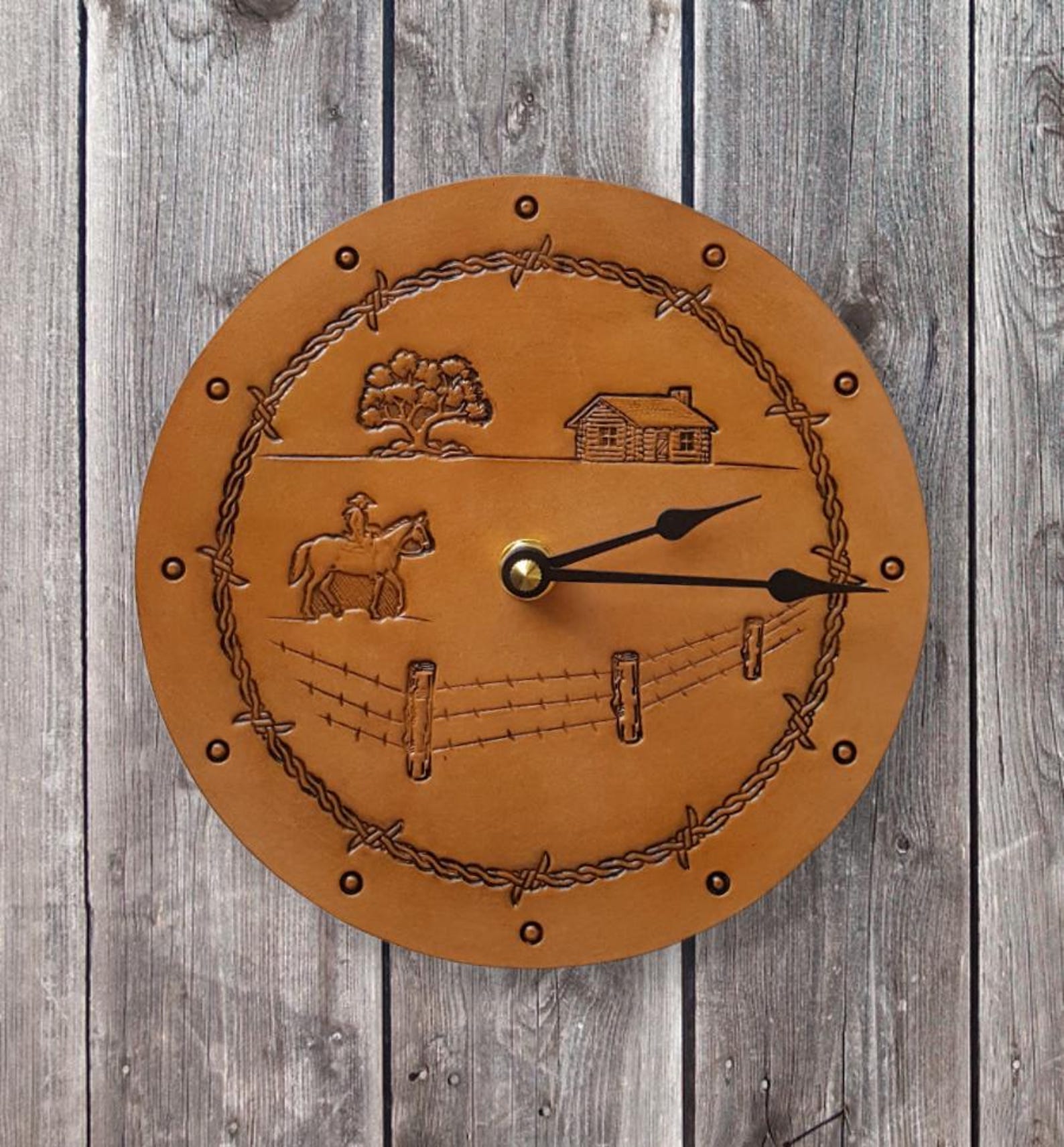 Leather Wall Clock With a Ranch Scene of a Cowboy or Cowgirl on a Horse ...