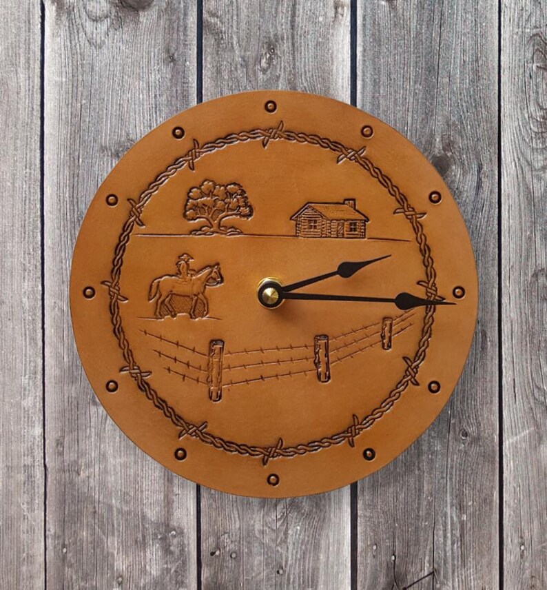 Leather Wall Clock With a Ranch Scene of a Cowboy or Cowgirl on a Horse ...