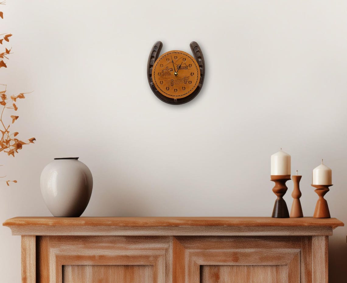 Leather Horseshoe Clock With a Ranch Scene of Cowboy or Cowgirl on a ...