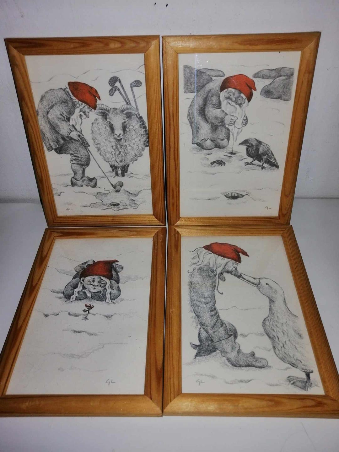 Vintage Set of 4 Red Hat Troll Gnome Nordic Tomte Black White Framed ...