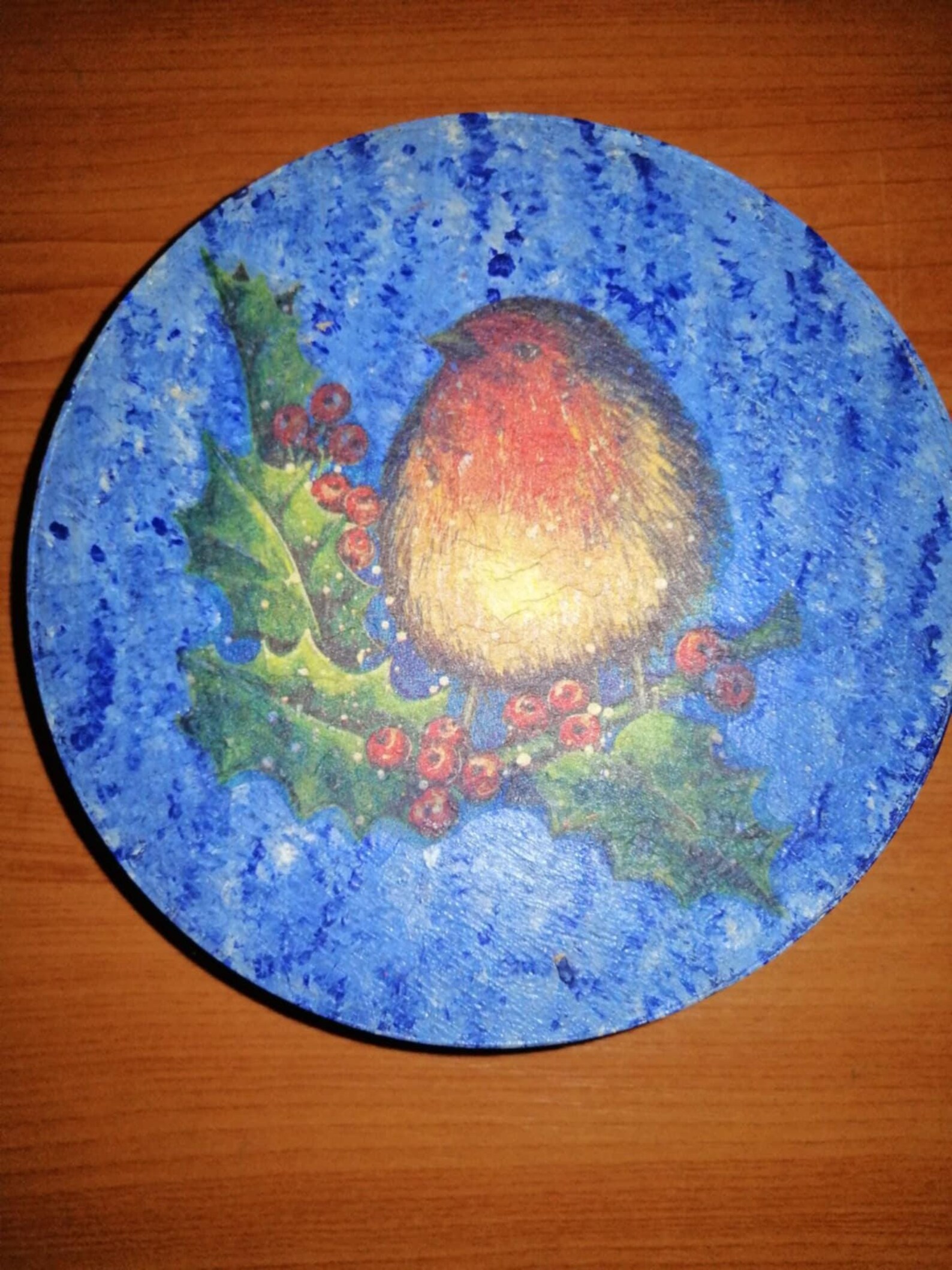 Vintage Blue Wooden Cheese Box Hand Painted Bird on the Branch Round ...