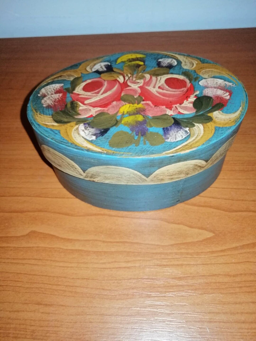 Vintage Blue Base Wooden Cheese Box Floral Hand Painted Oval Wood ...