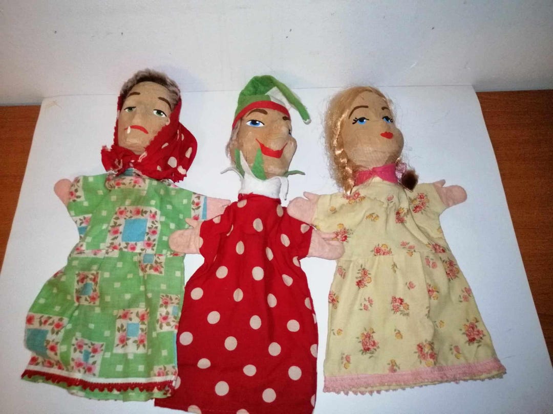 Vintage Antique Hand Puppets Marionette Set of 3 Wooden Hand Carved ...