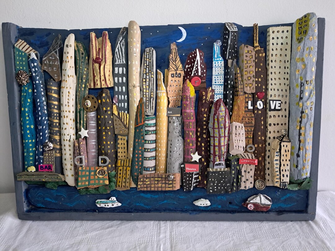 Cityscape Mixed Media Art: Night City Landscape Picture - Etsy