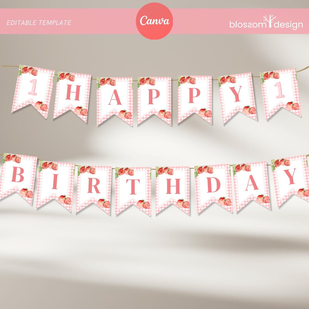 Strawberry First Birthday Banner, Sweet One Party Decor (digital ...