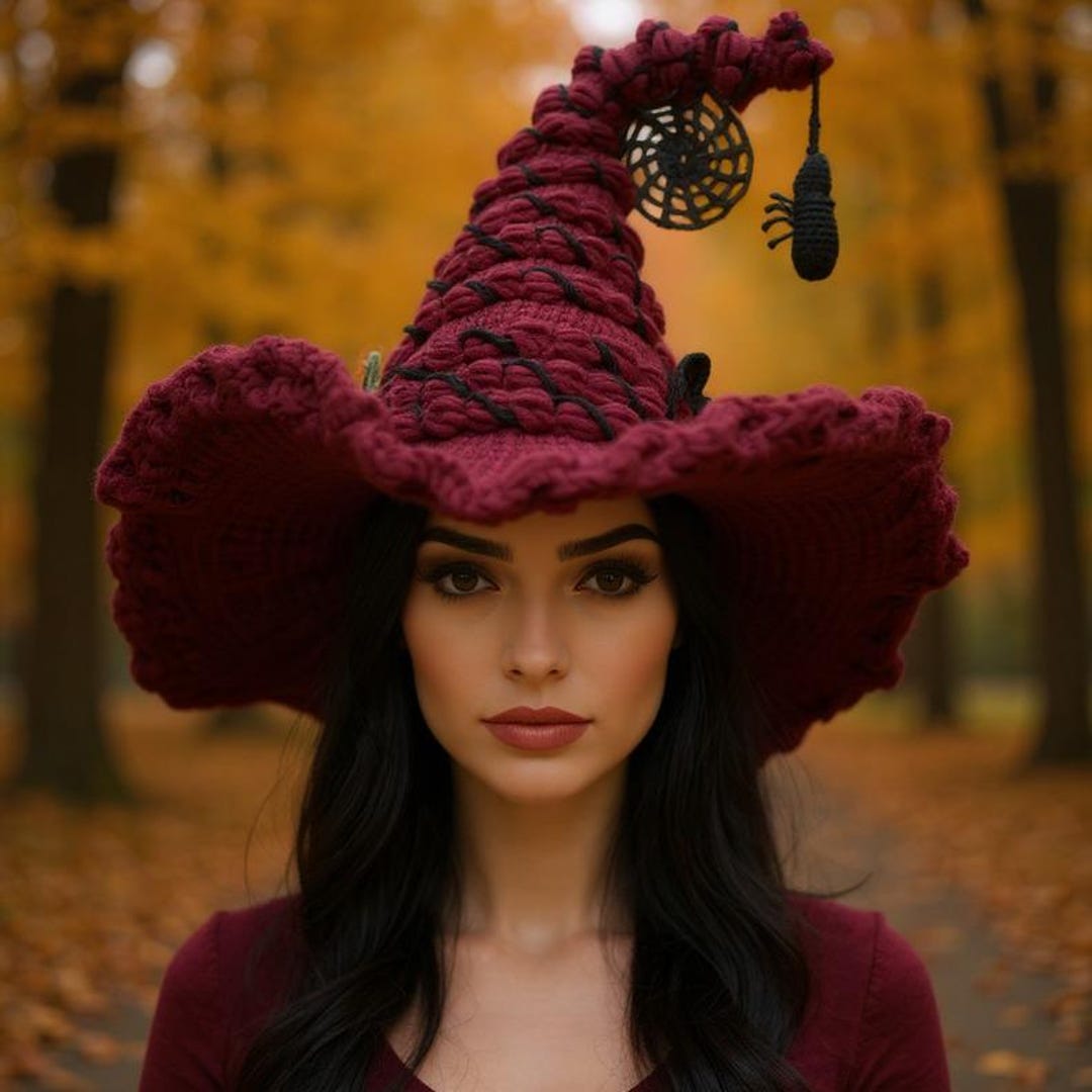 Crochet Witch Hat – Halloween Cherry Red Pointy Hat With Spiders & Bats ...