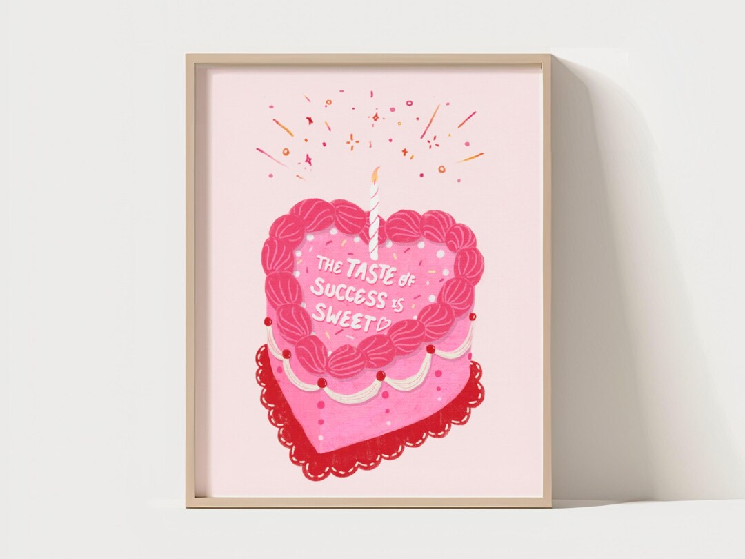 Sweet Success Cake Poster, Hand-drawn Pink Cake With Candle & Spark Art ...
