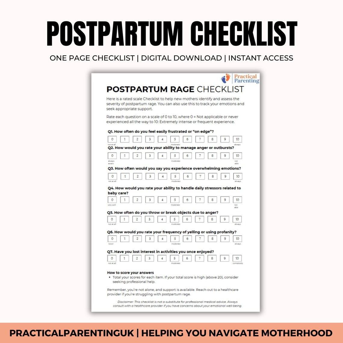 Postpartum Rage Checklist, PPR Checklist, Postpartum Recovery Checklist ...