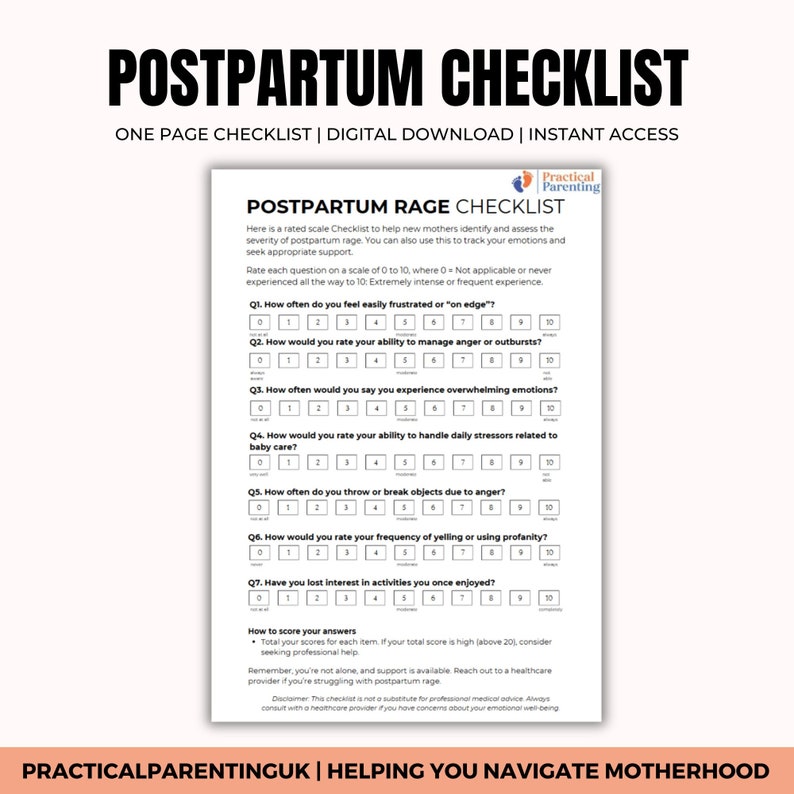 Postpartum Rage Checklist, PPR Checklist, Postpartum Recovery Checklist ...