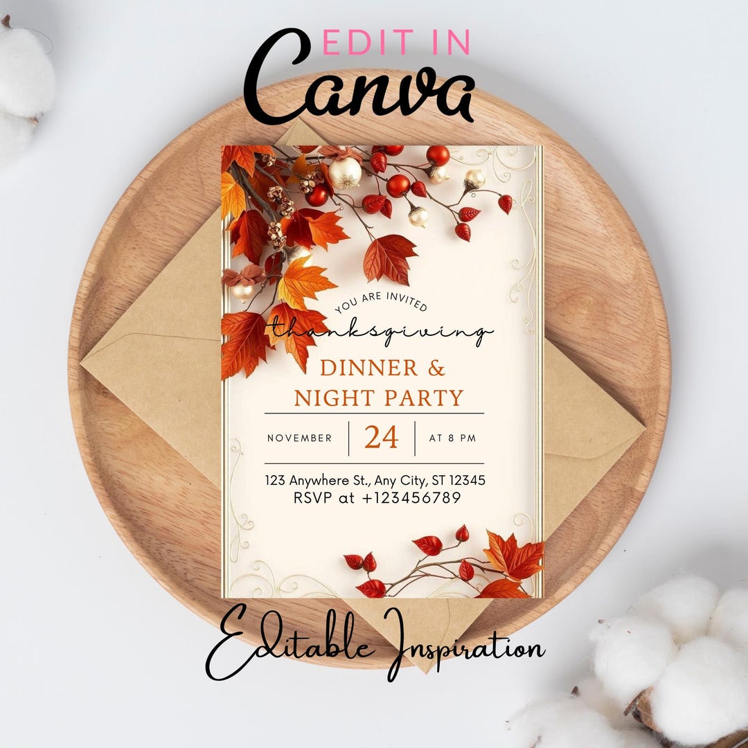 Thanksgiving Dinner Invitation Flyer Theme Template. Editable Canva ...