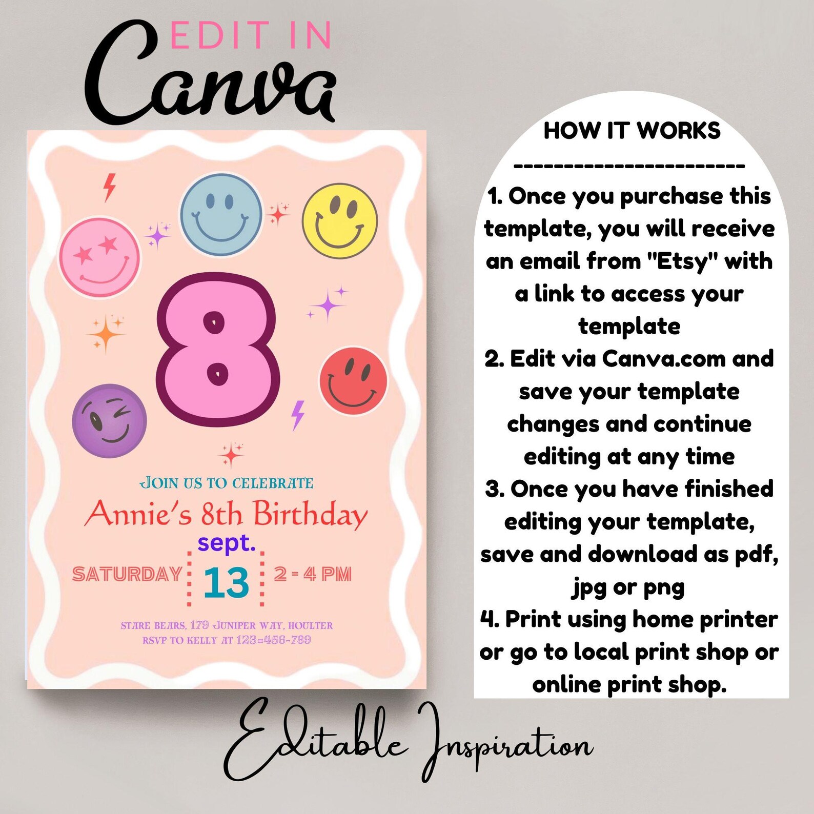 Editable Smiley Face Invite, Smiley Face Birthday, Emoji Invitation ...